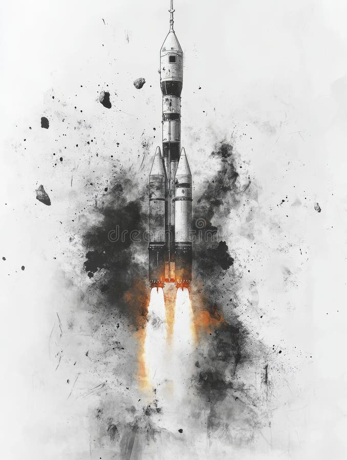 The Sketch of a Rocket Taking Off, Rendered in Simple Black and White ...