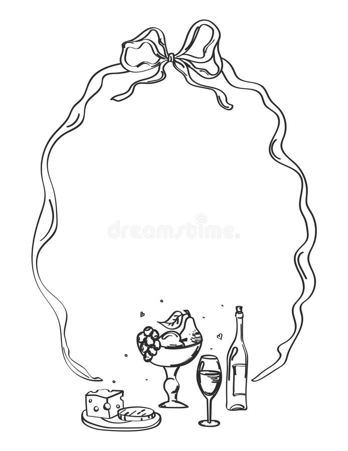 Sketch of Romantic Celebration with Wine,cheese and Fruit in Decorative ...