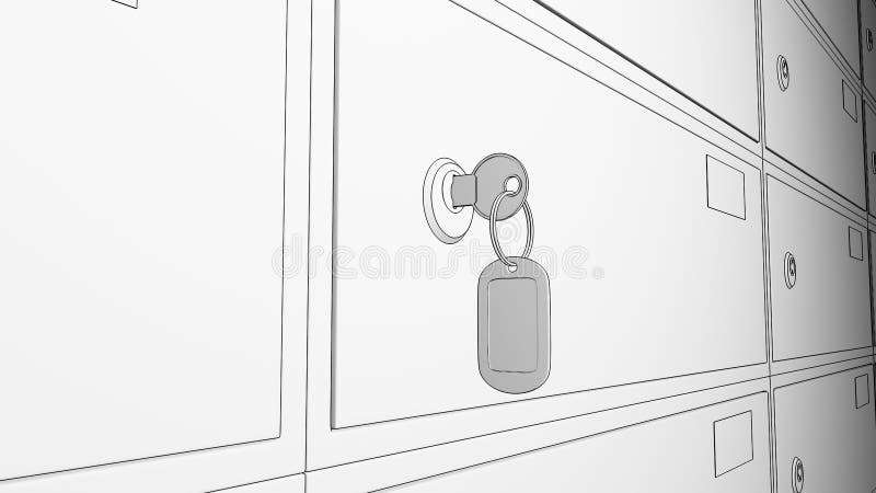 Sketch Row of Safe Deposit Boxes and Inserted Key. 3D Rendering Stock ...