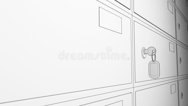 Sketch Rows of Safe Deposit Boxes and Inserted Key with Tag. 3D ...