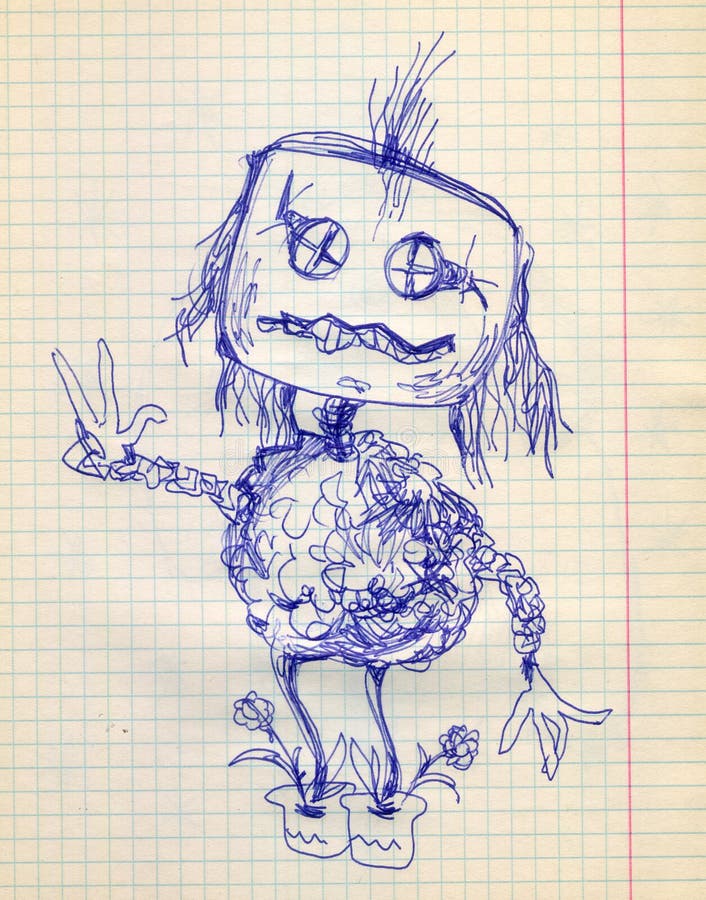 Sketch in a School Notebook. Funny Monster. Pen Drawing. Stock ...