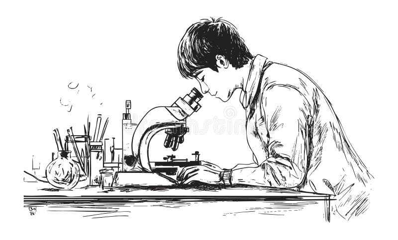 Sketch of a Scientist Using a Microscope in a Laboratory Setting. Stock ...