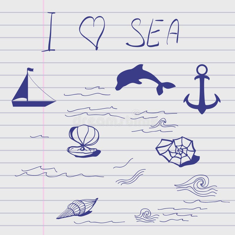 Sketch of sea elements. stock vector. Illustration of page - 43484419