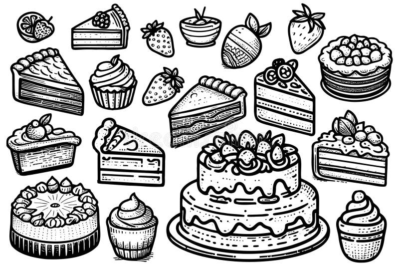 Sketch Set Cake Doodle Illustrations Isolated on White Background. Hand ...