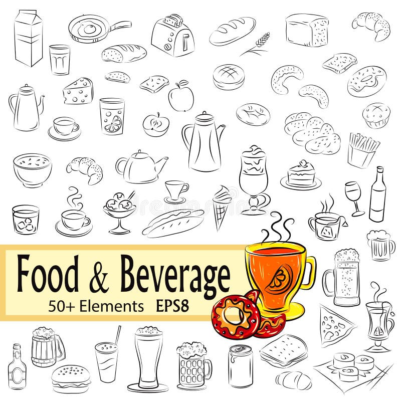 Sketch Set of Foods and Drinks Stock Illustration - Illustration of ...