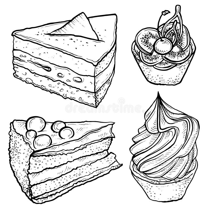 Sketch Set of Tart, Slice of Cake. Stock Vector - Illustration of ...