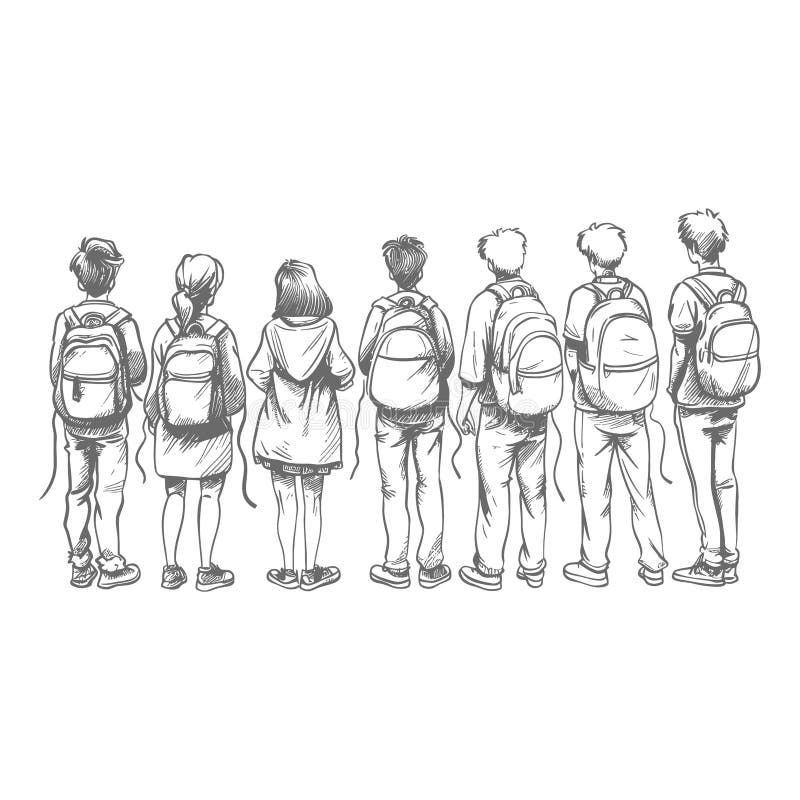 Seven Students with Backpacks Waiting in Line: Rear View Sketch Stock ...