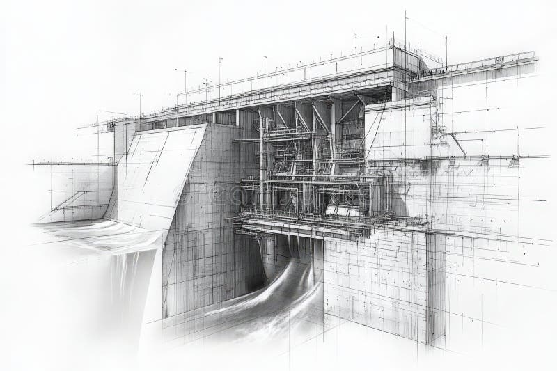 Hydroelectric Dam Design Sketch Highlighting Structure and Water Flow ...