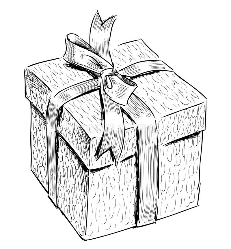 Sketch of Single Gift Box with Ribbon Tied in Decorative Bow, Vector ...