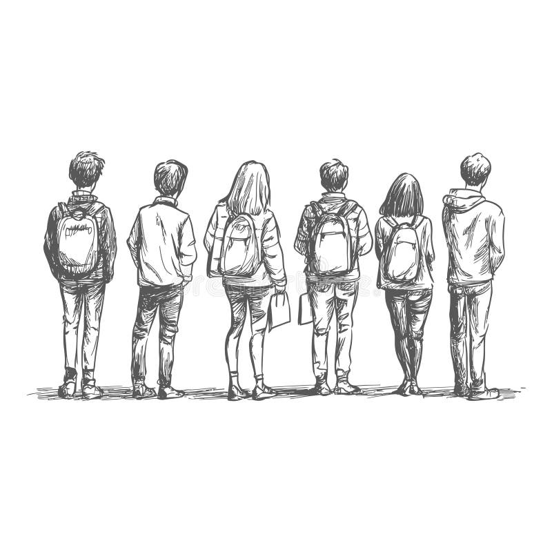 Six Students with Backpacks Waiting in Line, Sketch Style Illustration ...