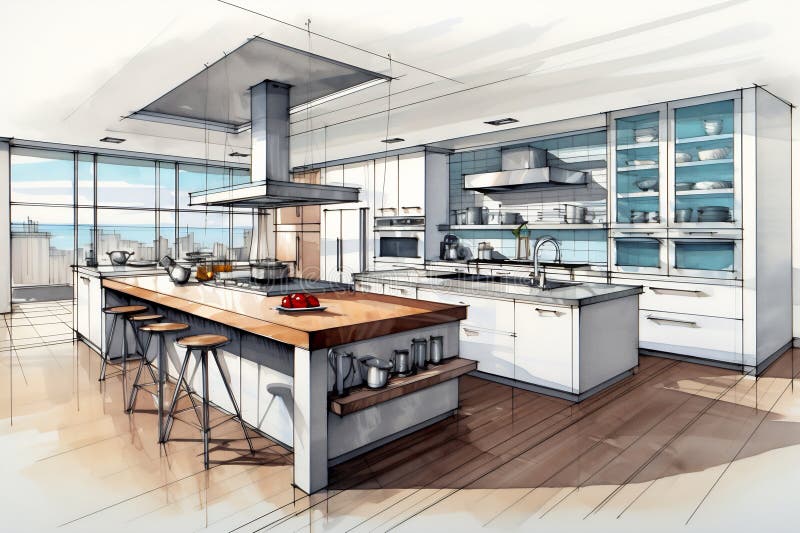 Sketch of Sleek Modern Kitchen Design Stock Photo - Image of modern ...