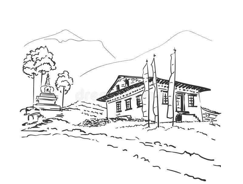 Sketch of Small Monastery with Praying Flags and Small Stupa Surrounded ...