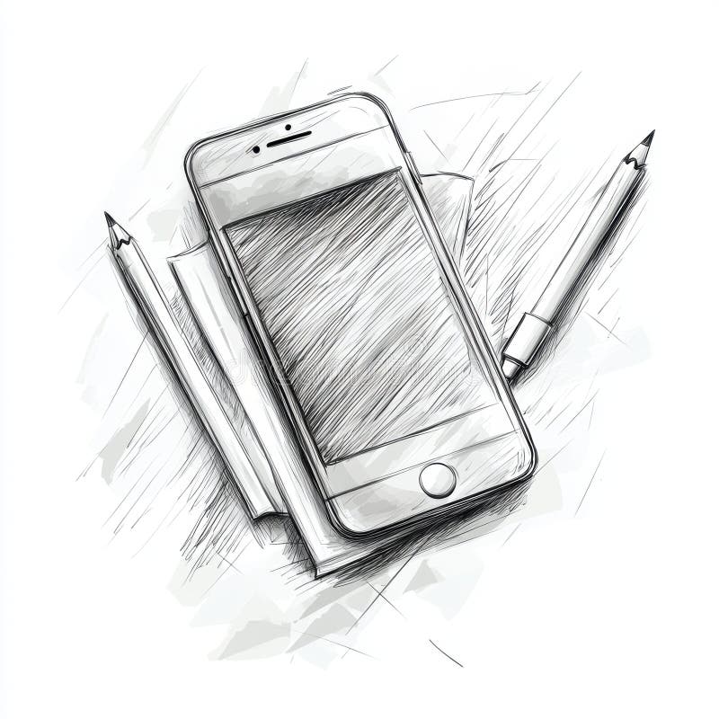 Sketch of a Smartphone Surrounded by Stationery Items Stock ...