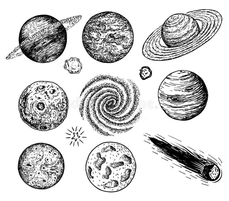 Sketch of Space Objects Set. Collection of Comets, Planets, Stars ...