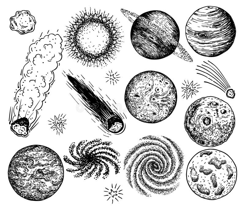 Sketch of Space Objects Set. Collection of Comets, Planets, Stars ...