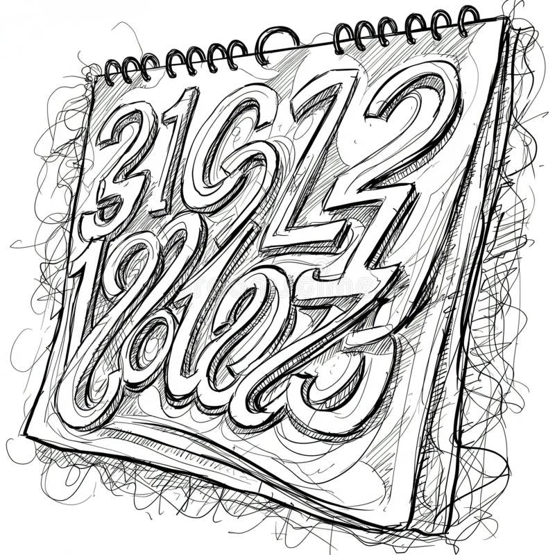 Sketch of a Spiral-bound Calendar with Bold, Overlapping Numbers ...