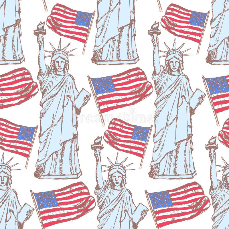 Sketch Statue of Liberty and Flag, Seamless Pattern Stock Illustration ...