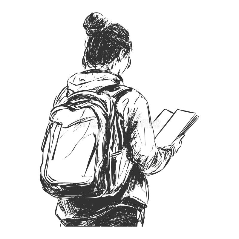 Sketch of a Student with a Backpack Reading a Book. Stock Vector ...