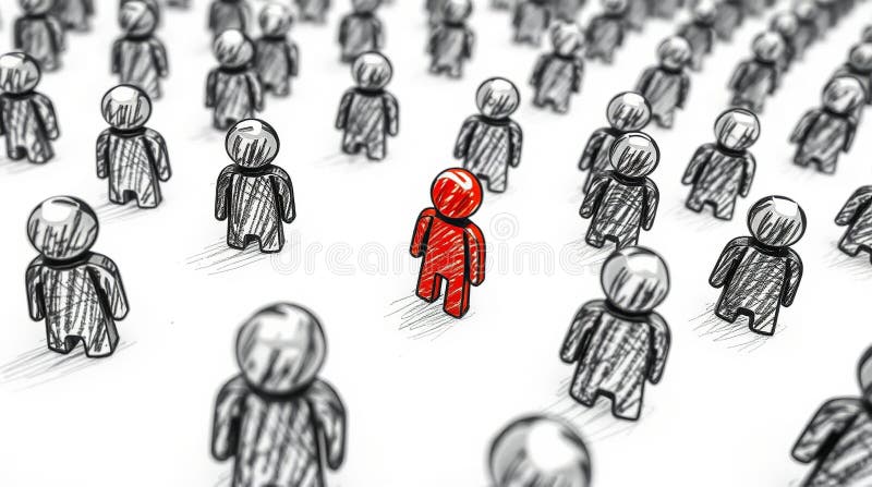 One Red Figure Stands Out from a Crowd of Gray Figures. a Concept of ...