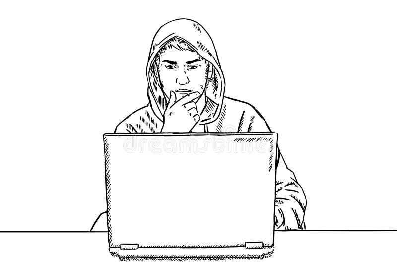 Sketch Style Illustration of Hacker Thinking in Front of His Laptop ...