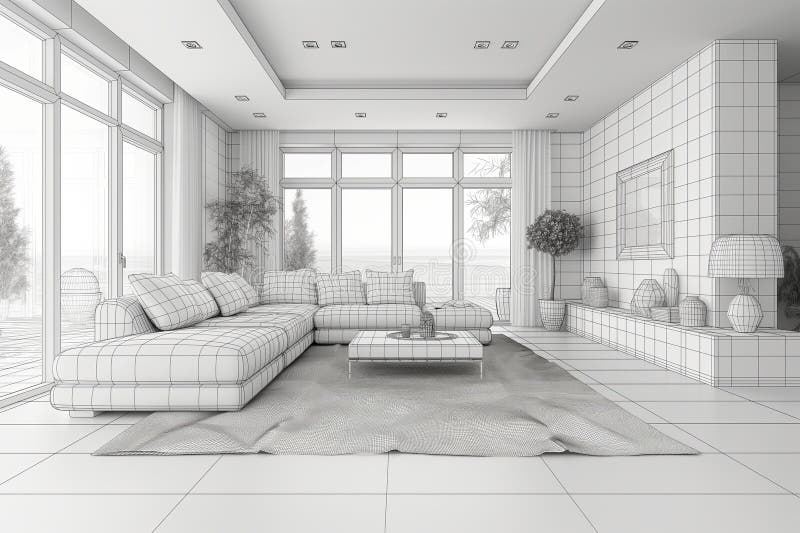 Sketch-style Living Room Rendering Stock Photo - Image of monochrome ...