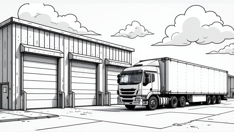 Sketch Style Semi Truck at Warehouse Loading Dock Stock Illustration ...