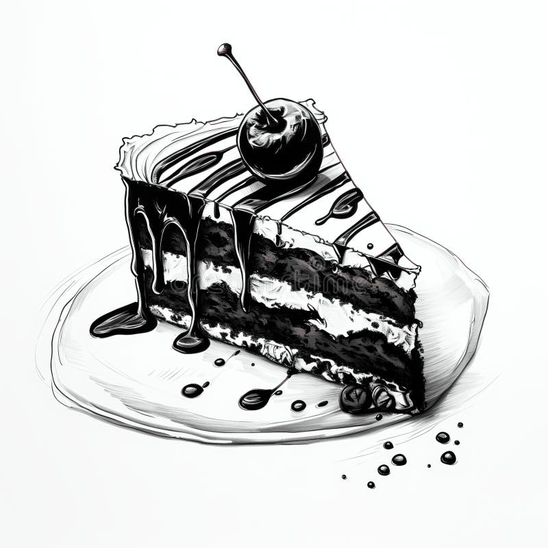 Sketch-style Slice of Chocolate Cake on a White Plate, AI-generated ...