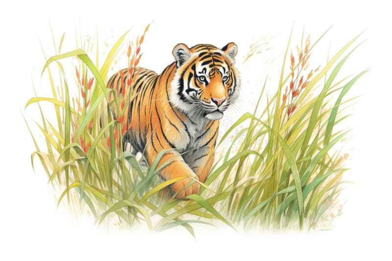 Sketch of Sumatran Tiger Prowling in Long Grass Stock Photo - Image of ...