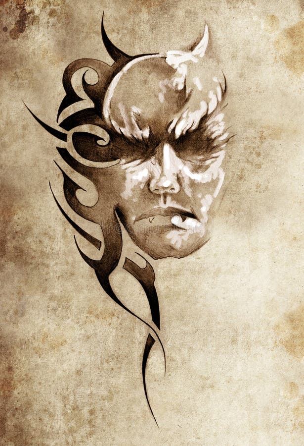 Sketch of Tattoo Art, Monster Head with Tribal Stock Illustration ...