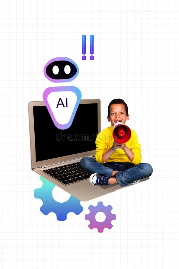 Sketch Template Design 3D Collage of Laptop Ai Bot Help Young Boy Sit ...