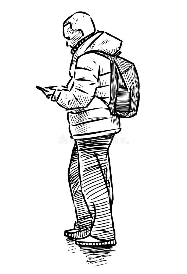 Sketch of Tourist Man with Smartphone Walking Outdoors Stock Vector ...