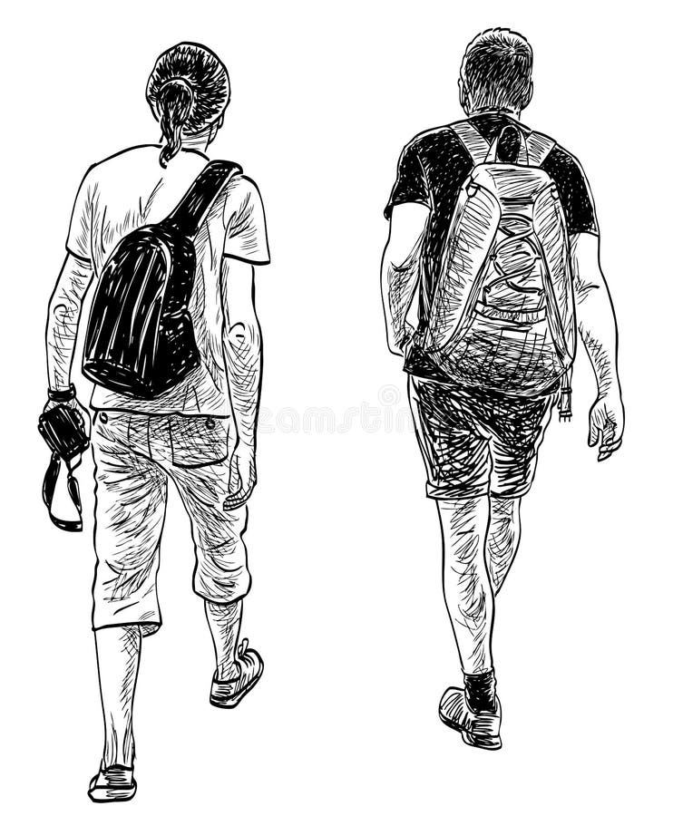 Sketch of Tourists Men Going on a Stroll Stock Vector - Illustration of ...