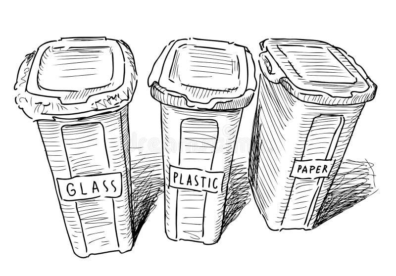 Sketch of Trash Cans with Sorting on Paper, Plastic and Glass Stock ...