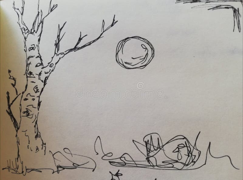 Sketch of a Tree and Moon stock illustration. Illustration of sketch ...