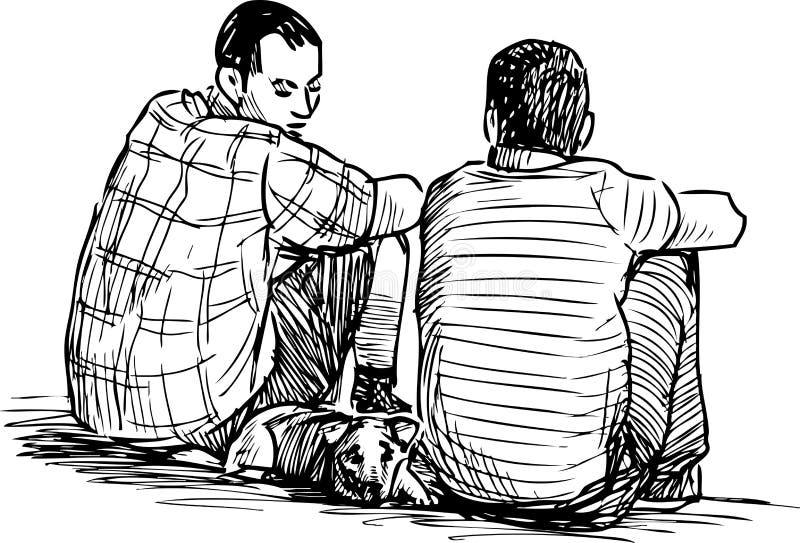 A Sketch of Two Men with Their Dog Stock Vector - Illustration of ...