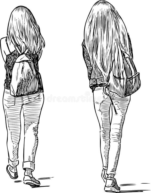 Sketch of Two Students Girls Going on a Stroll Stock Vector ...