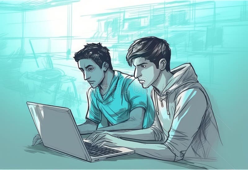 Sketch of Two Students Operating Laptop Generative AI Stock ...