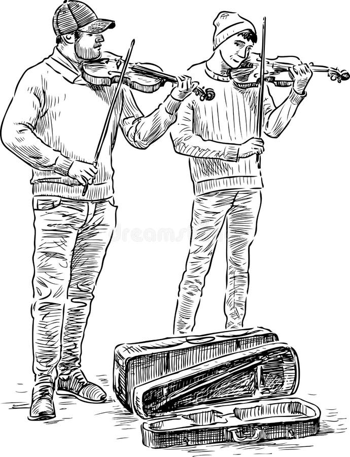 Sketch of the Violinists Playing on the Street Stock Vector ...