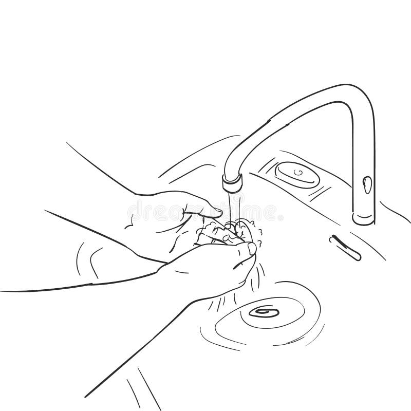 Sketch of Washing Hands Under Tap Water in Sink, Hand Drawn Vector ...