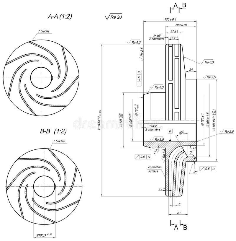 Sketch of Wheel with Section and Blades Stock Vector - Illustration of ...