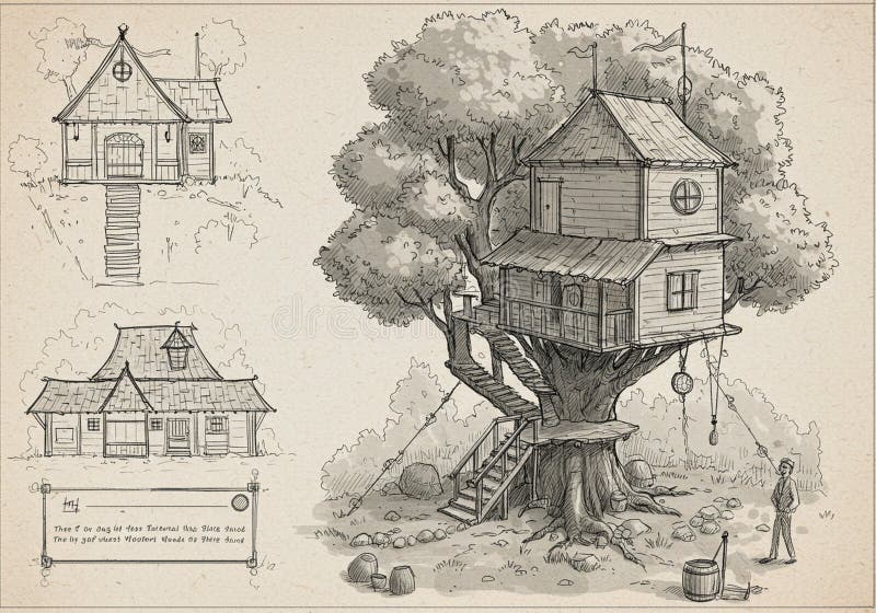 Sketch of a Whimsical Treehouse Design. the Main Structure is Built ...