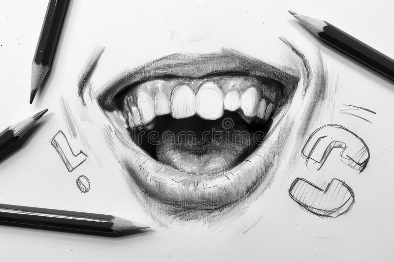 Sketch of a Wide, Exaggerated Smile with Large Teeth, Creating a ...