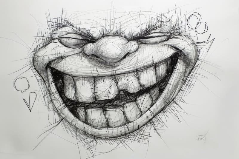 Sketch of a Wide, Exaggerated Smile with Large Teeth, Creating a ...