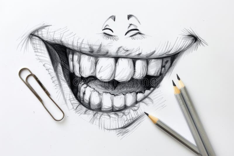 Sketch of a Wide, Exaggerated Smile with Large Teeth, Creating a ...