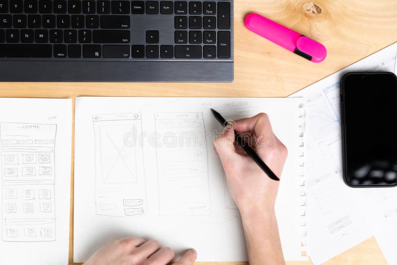 Sketch of Wireframe for Website. Women Designer Working on a Mobile ...