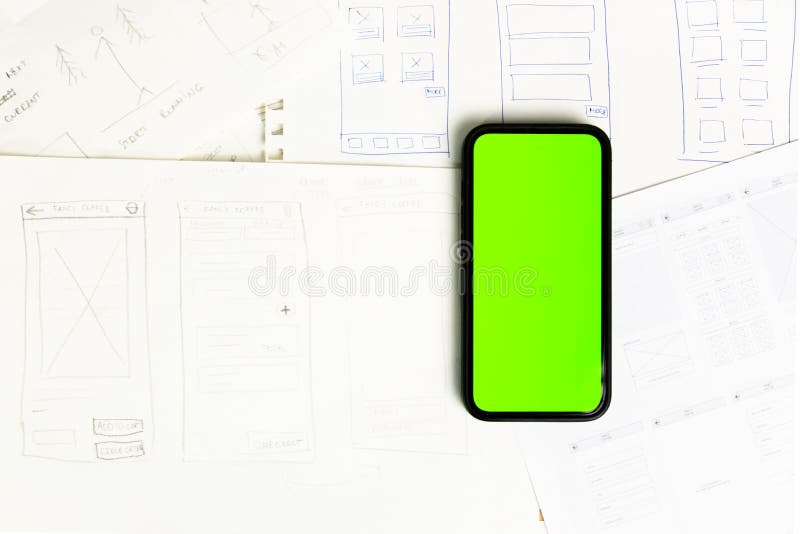 Sketch of Wireframe for Website. Women Designer Working on a Mobile ...