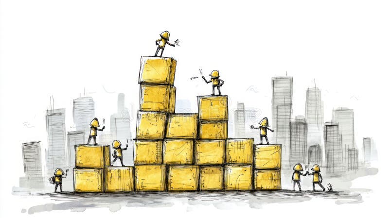 Sketch of Workers Building with Large Yellow Blocks in a Cityscape ...