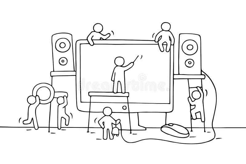 Sketch of Working Little People with Computer. Stock Vector ...