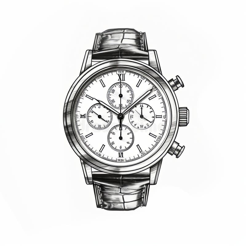 Black and White Sketch of a Wristwatch with a White Dial and a Black ...