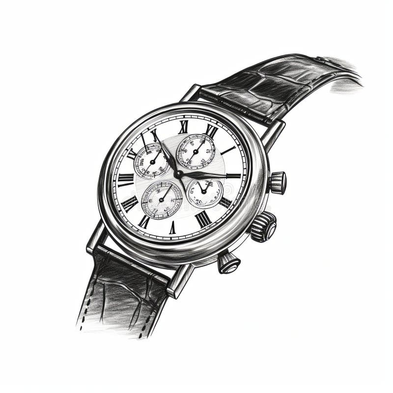 Black and White Sketch of a Wristwatch with a White Dial and a Black ...